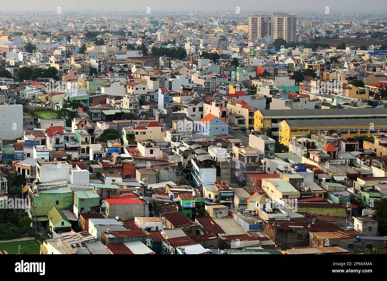 The sprawling and densely built-up low-rise urban landscape of the Ho ...