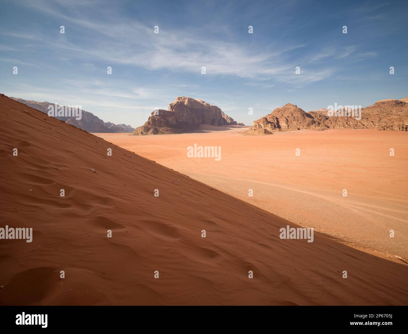 Wadi Rum desert plain from a sand dune, UNESCO World Heritage Site ...