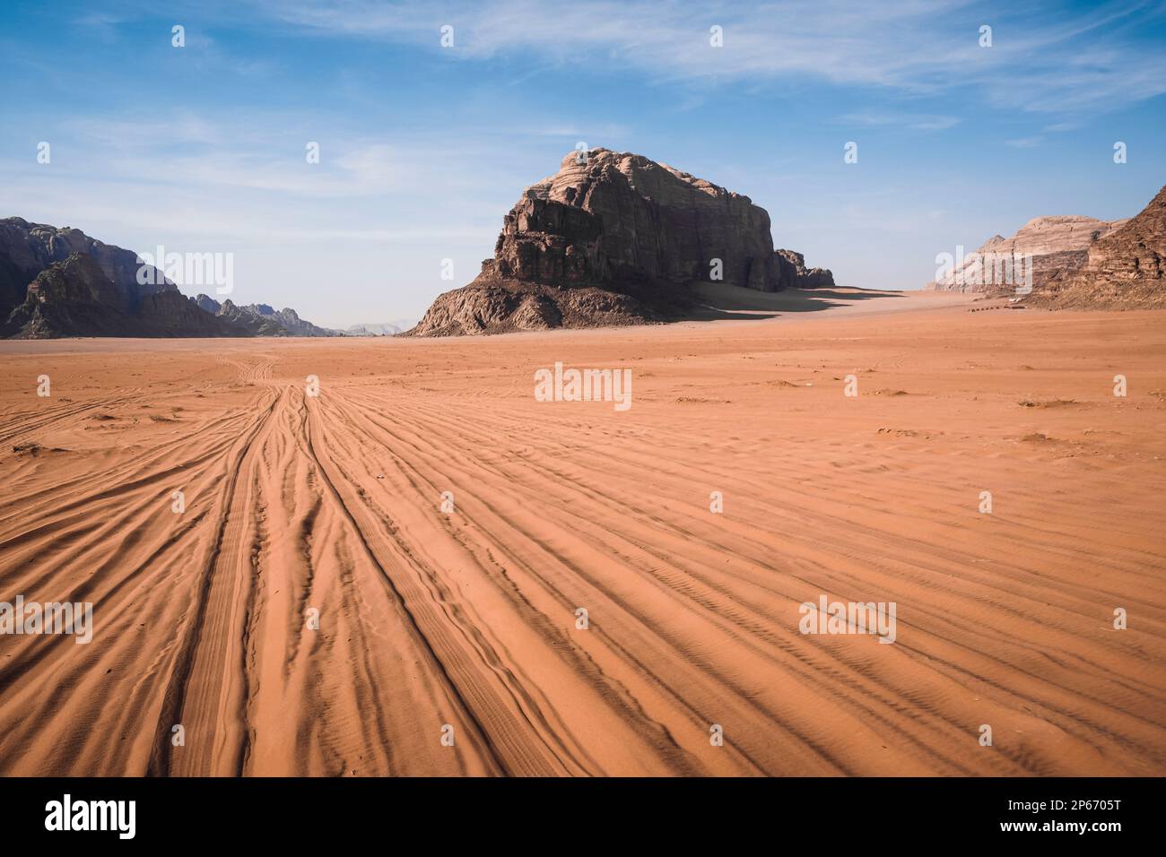 Tyre tracks in the sand in the Wadi Rum desert, UNESCO World Heritage ...