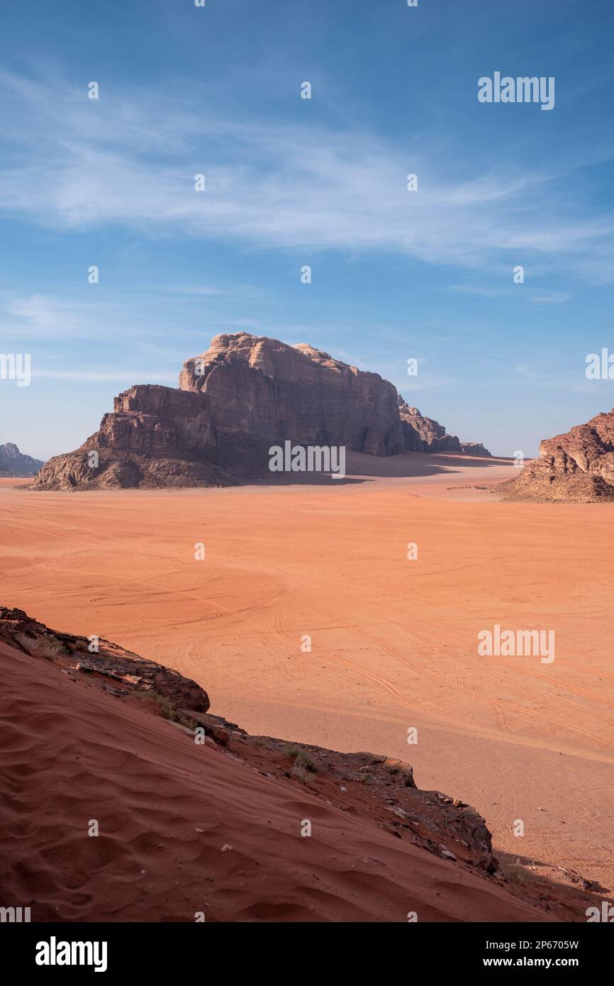 Wadi Rum desert plain from a sand dune, UNESCO World Heritage Site ...