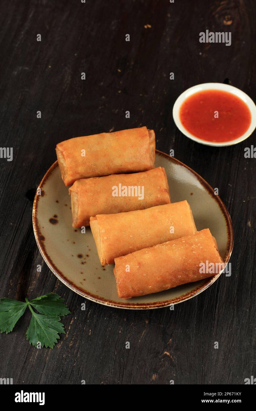 Crispy Chinese Spring Roll with Sweet and Spicy Chilli Sauce Stock ...
