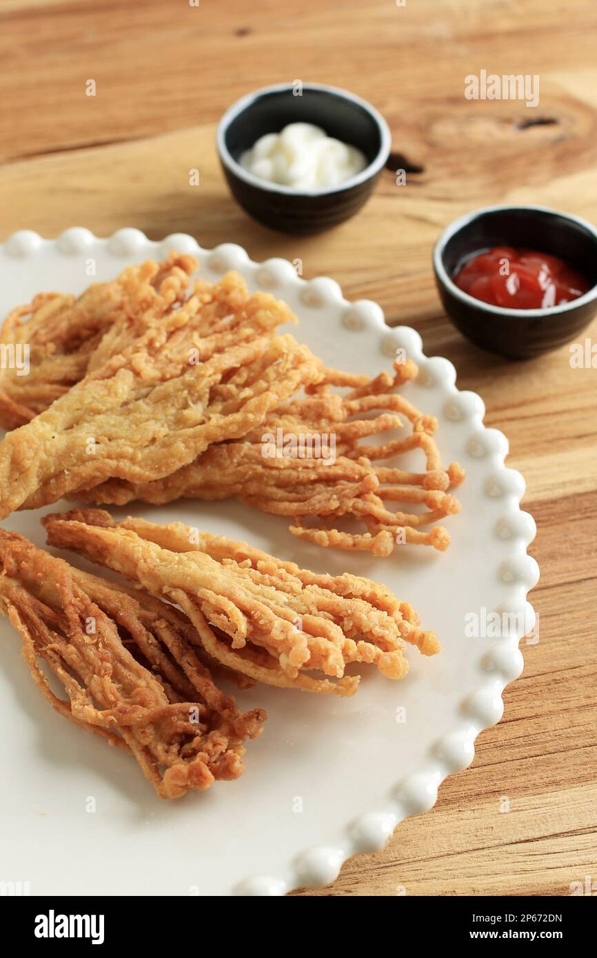 Deep Fried Crispy Needle Mushroom or Enoki, Served with Spicy Sauce and ...