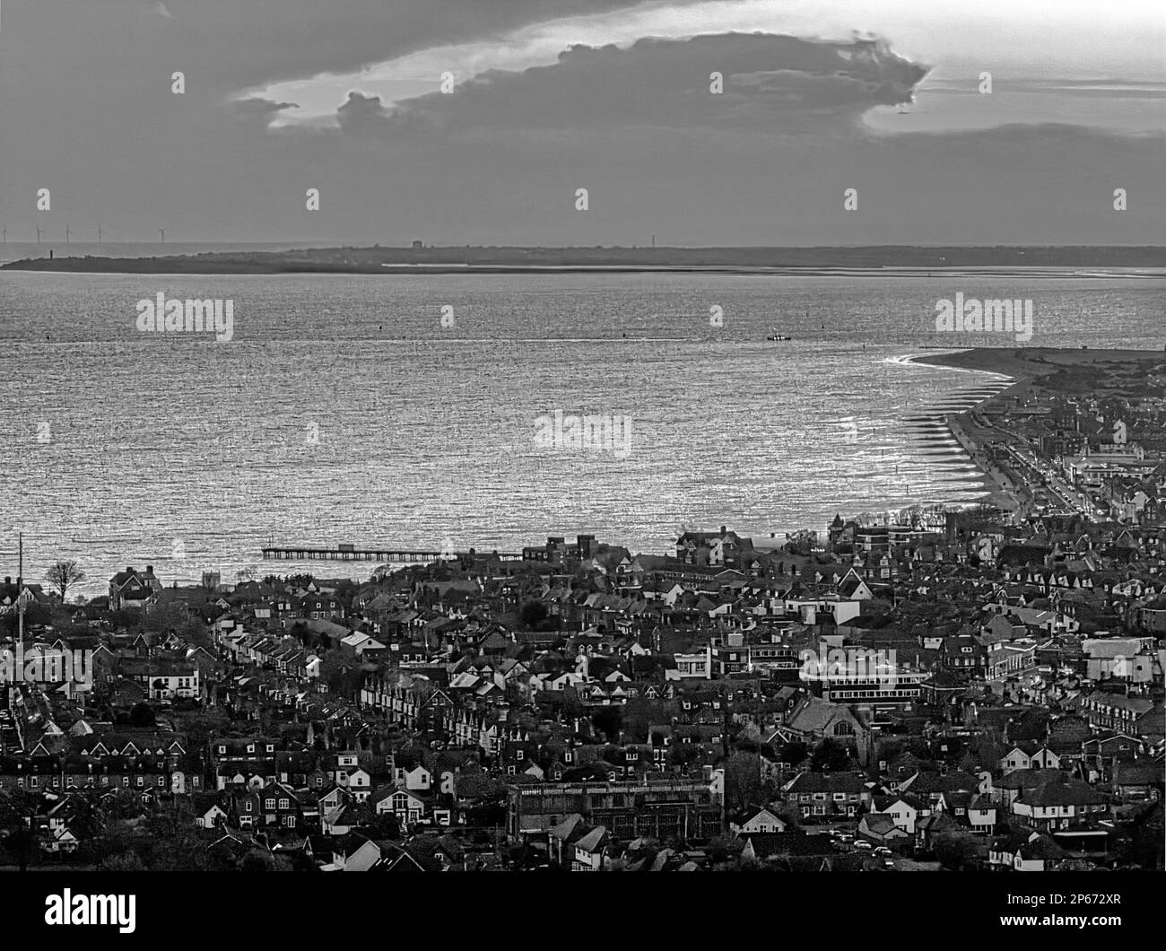 A greyscale aerial view of Felixstowe coastline in Suffolk UK ...