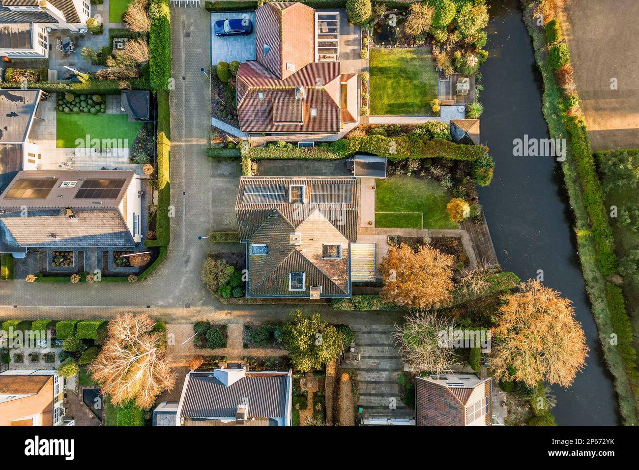 an aerial view of houses in the suburbs, taken from above on a drone ...