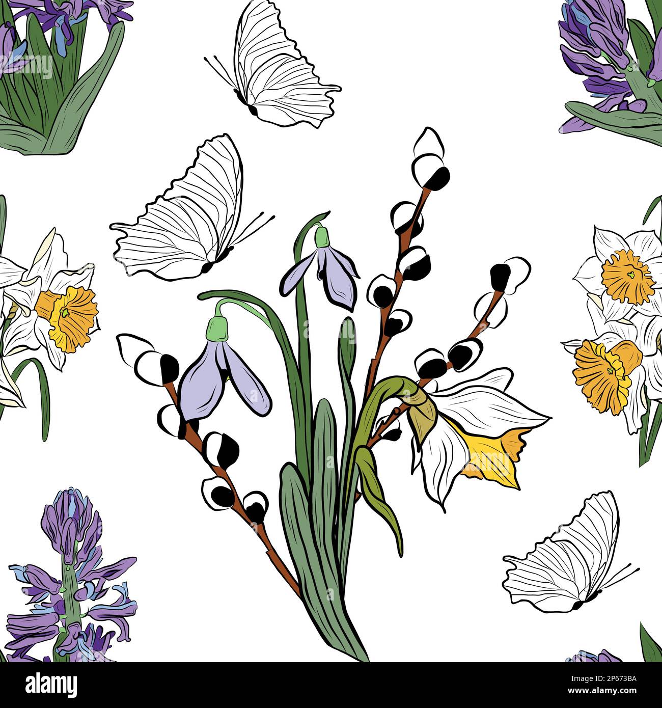 Vector seamless pattern bouquet with butterflies, willow branch and ...
