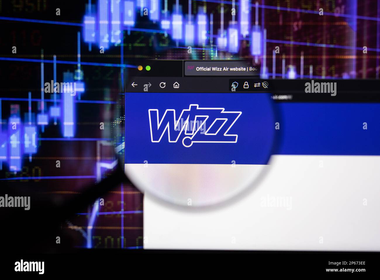Wizz airline company logo on a website with blurry stock market ...