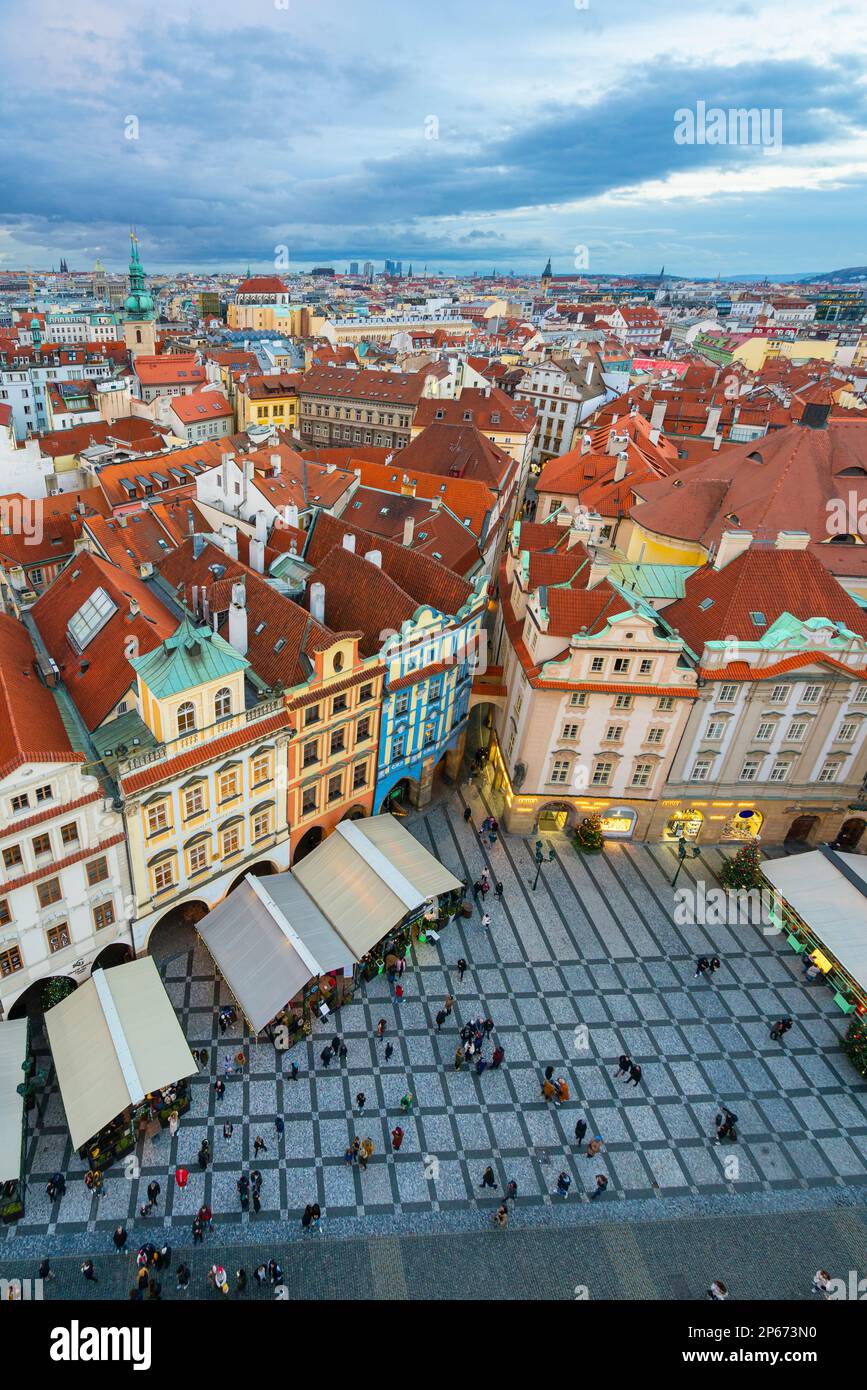Elevated view of houses with red roofs as seen from Prague Astronomical ...