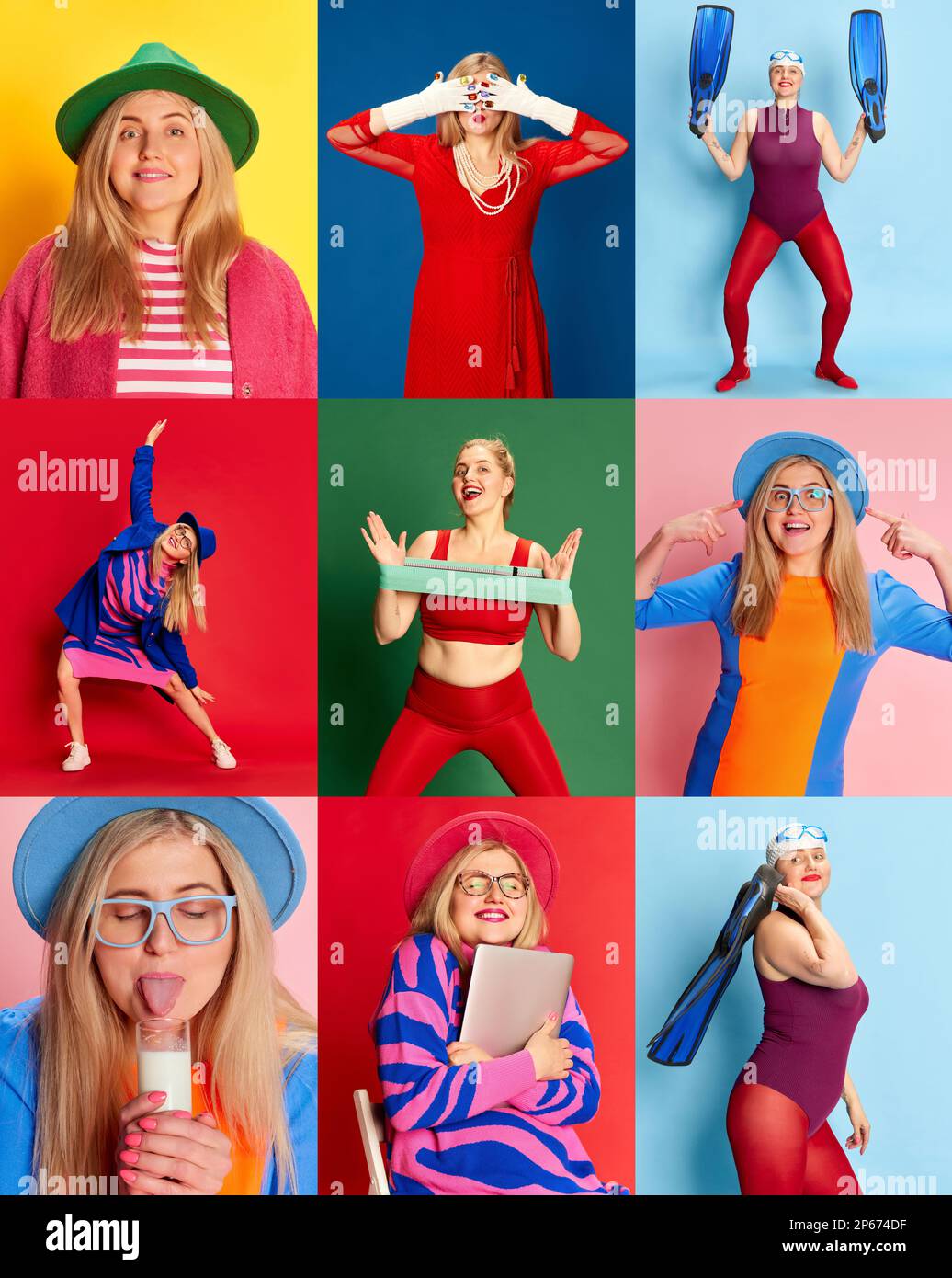 Collage. Portraits of emotional woman posing in different outfits over ...