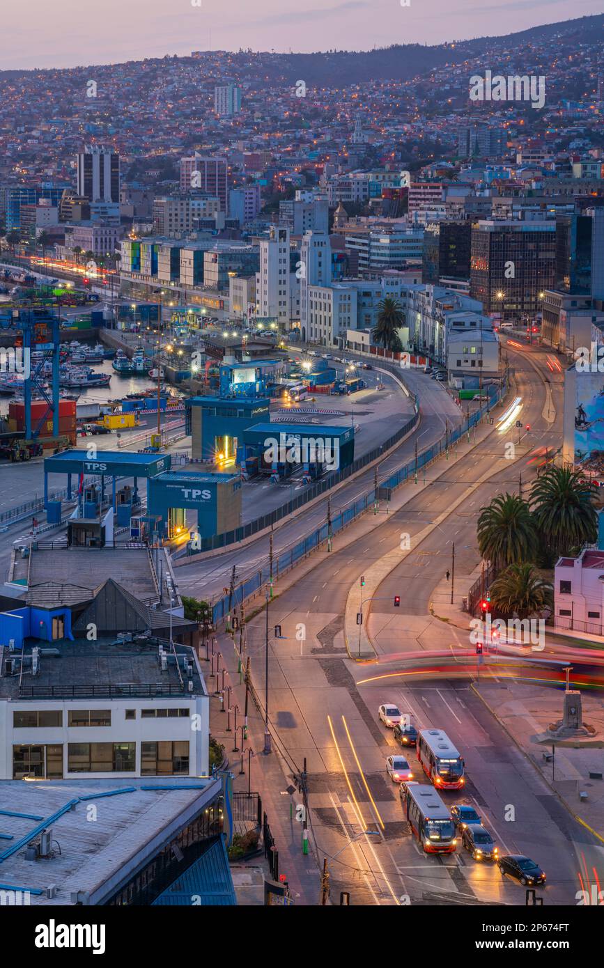 Valparaiso city center near port and Muelle Prat at dawn, Valparaiso ...