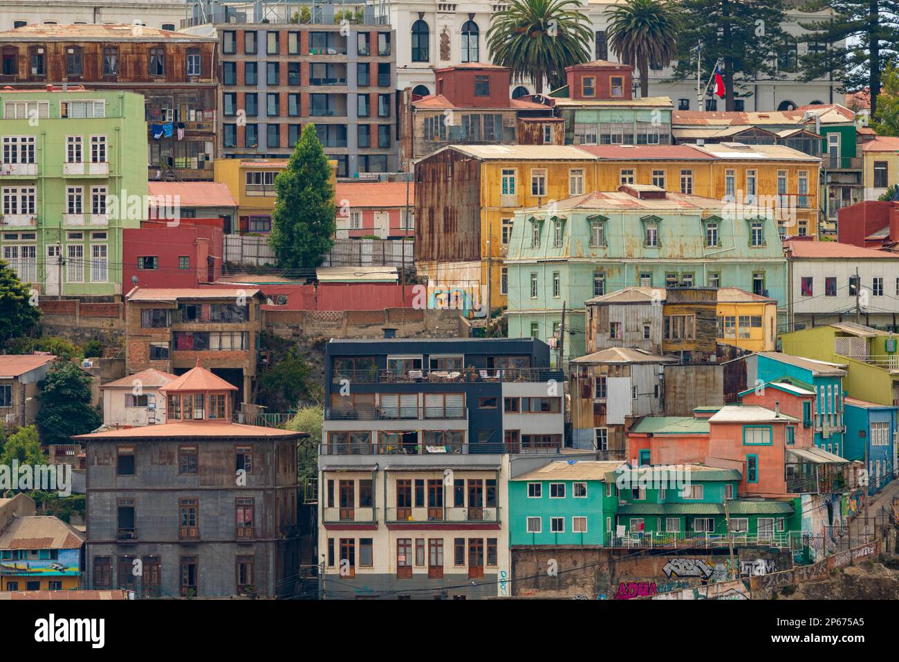 Detail of colorful houses of Valparaiso on hill in Playa Ancha ...