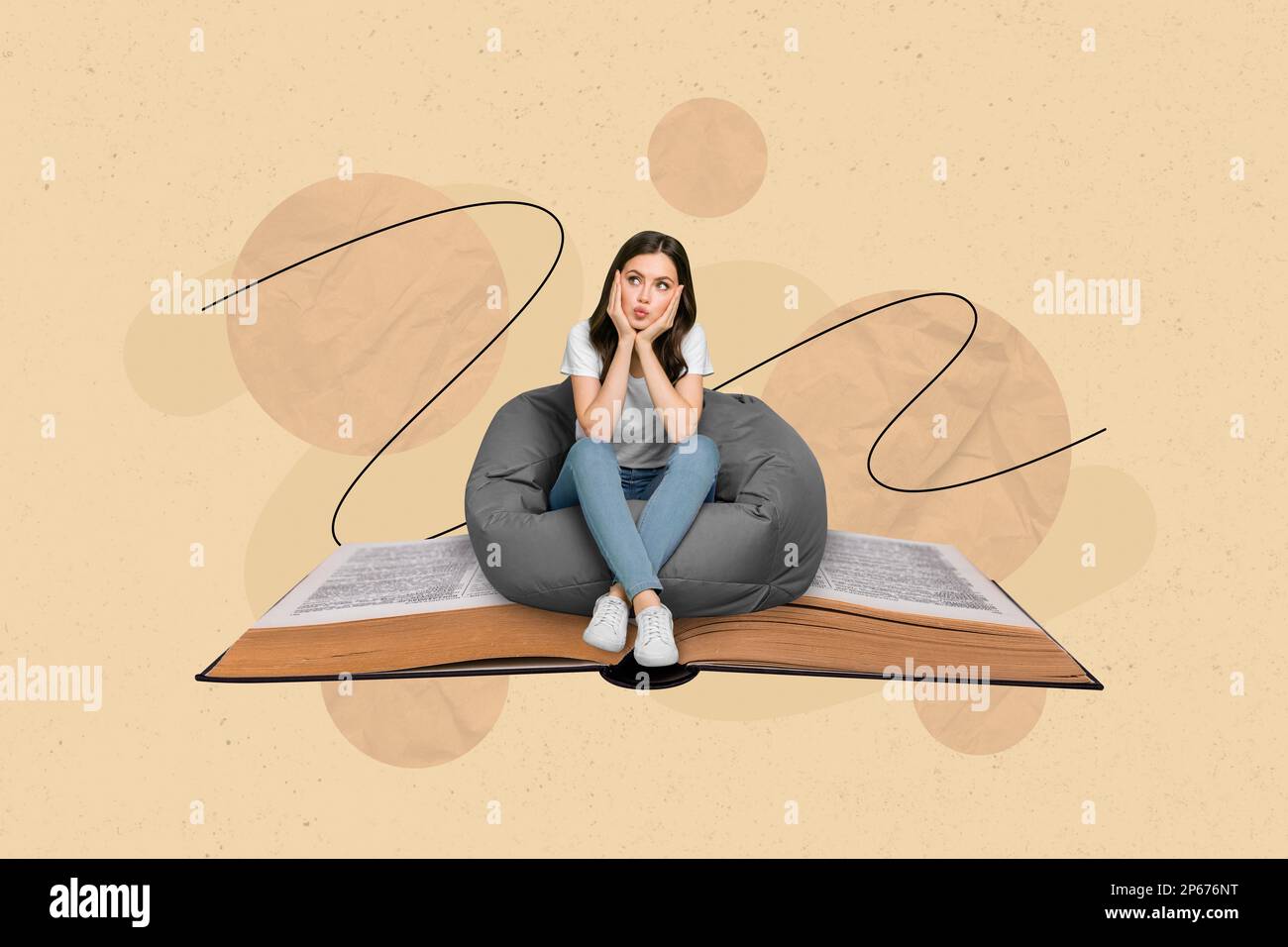 Creative design collage artwork of young dreaming lady touch cheeks ...