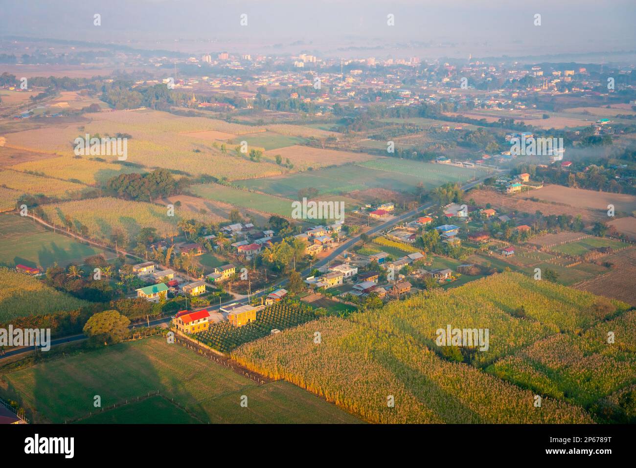 Village and countryside around Lake Inle at sunrise, Shan State ...