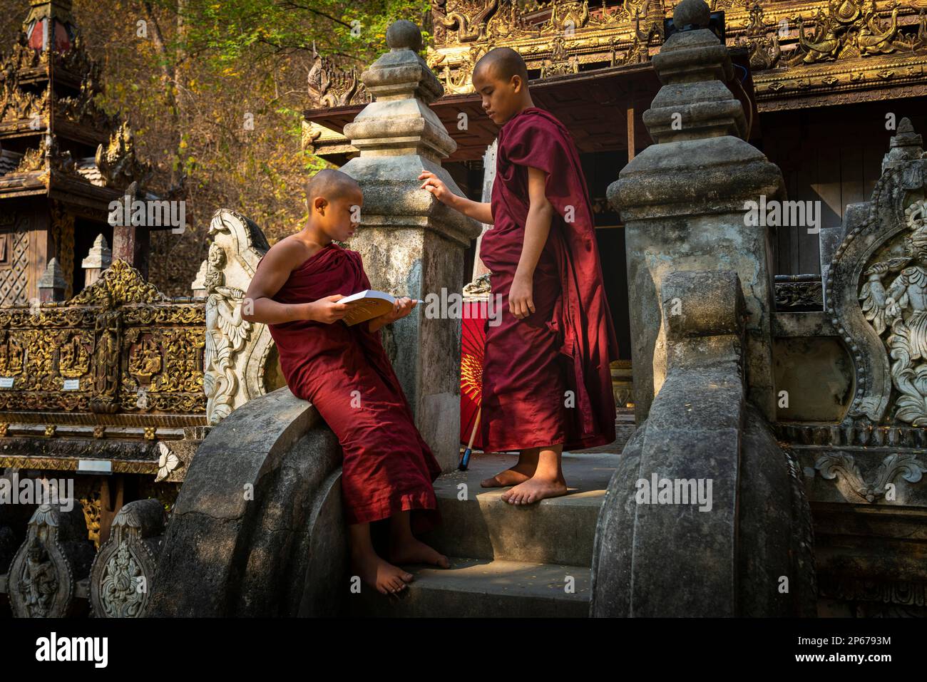 Two novice monks at monastery, Mandalay, Myanmar (Burma), Asia Stock ...