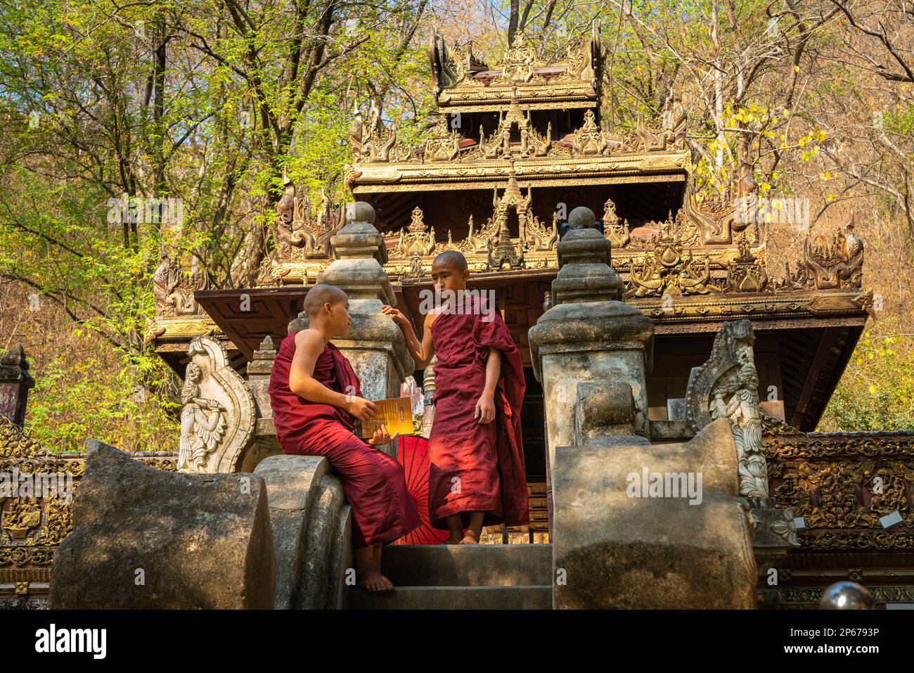 Two novice monks at monastery, Mandalay, Myanmar (Burma), Asia Stock ...
