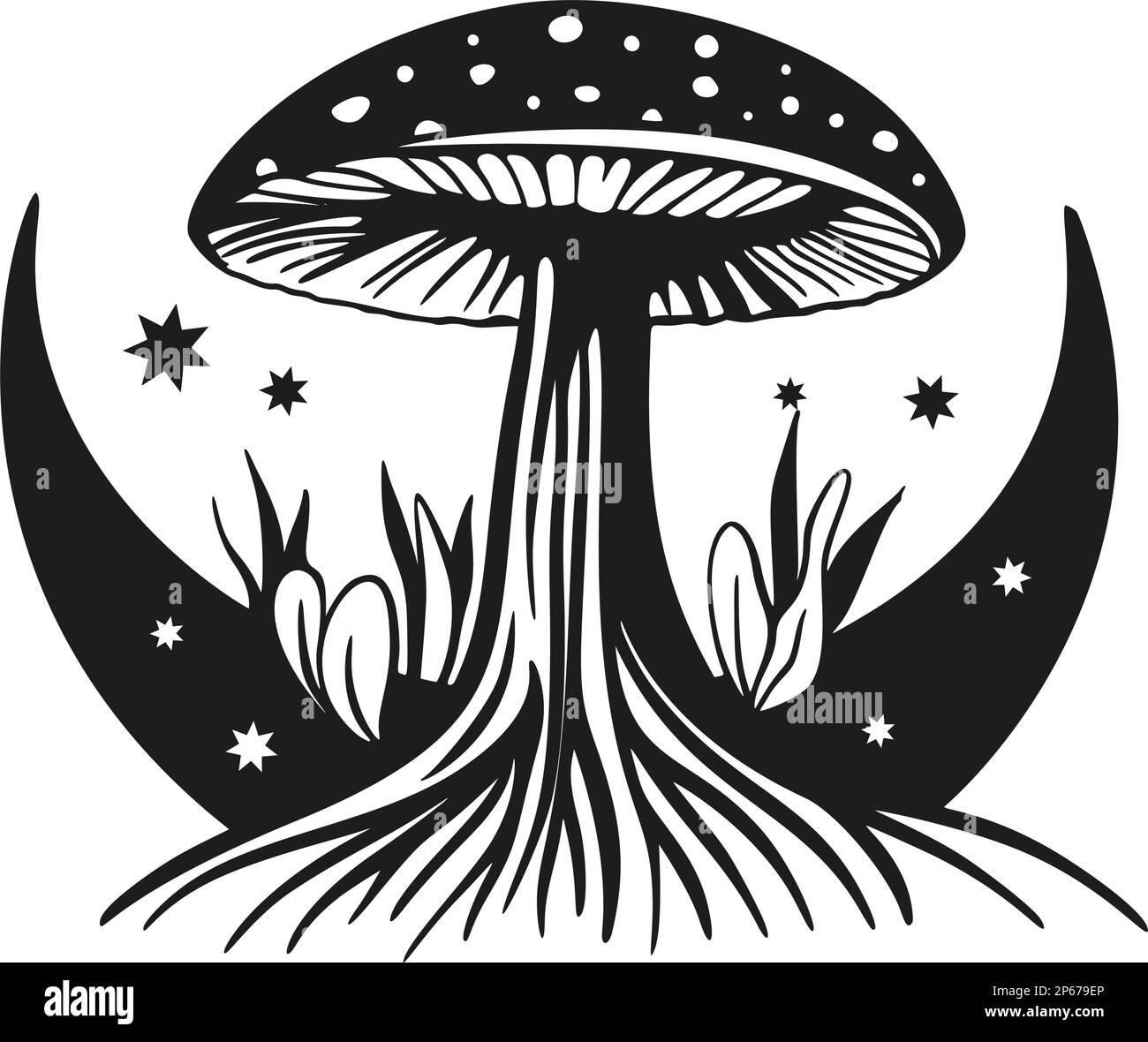 Magic mushroom moon and stars vector silhouette, black line contour ...