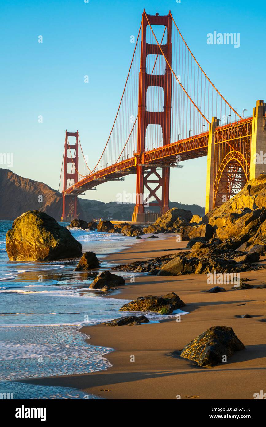 Golden Gate Bridge seen from Marshall Beach at sunset, San Francisco ...