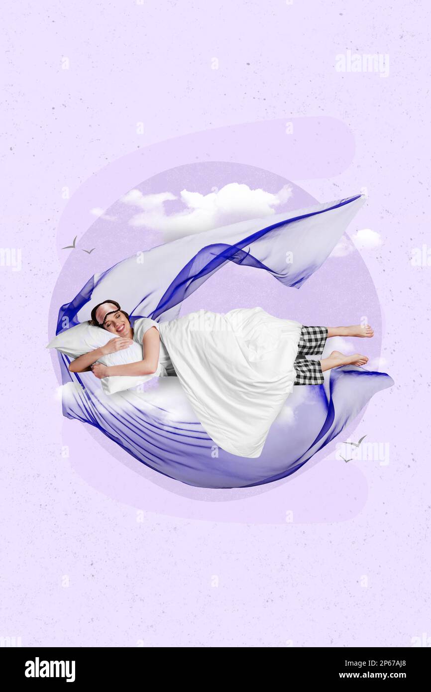 Collage photo picture image of lovely happy lady lying soft pillow ...