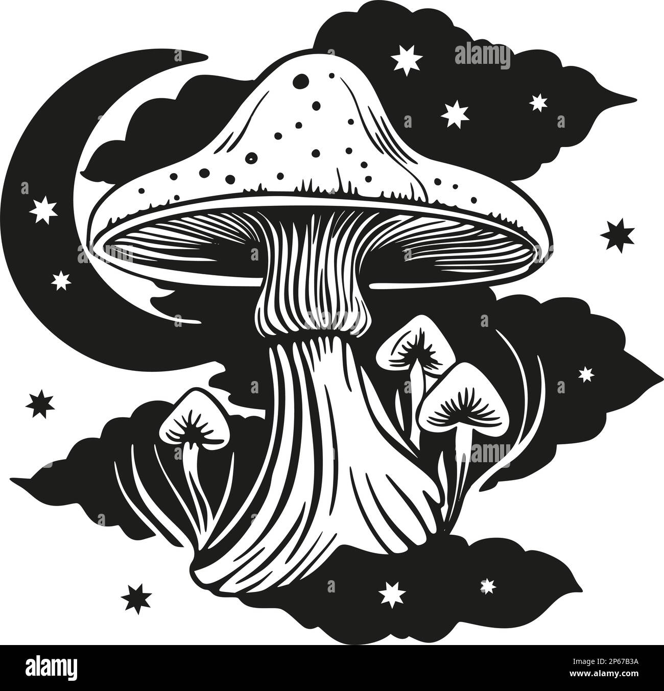 Magic mushroom moon and stars vector silhouette, black line contour ...