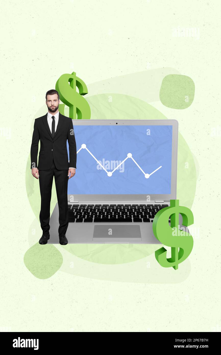 Vertical collage picture poster artwork of handsome rich man presenting ...