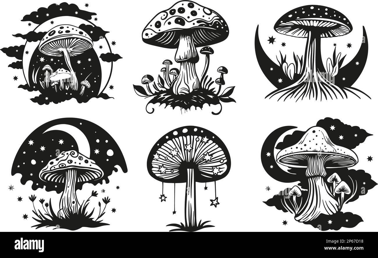 Magic Mushroom With Moon And Stars Set Vector Silhouette Black Line