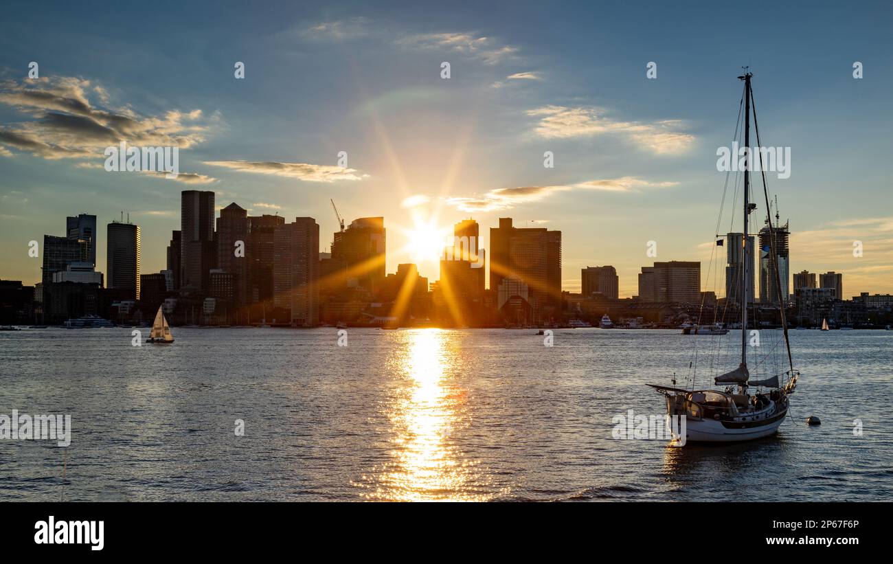 Sun flare over Boston from the East, Boston, Massachusetts, New England ...