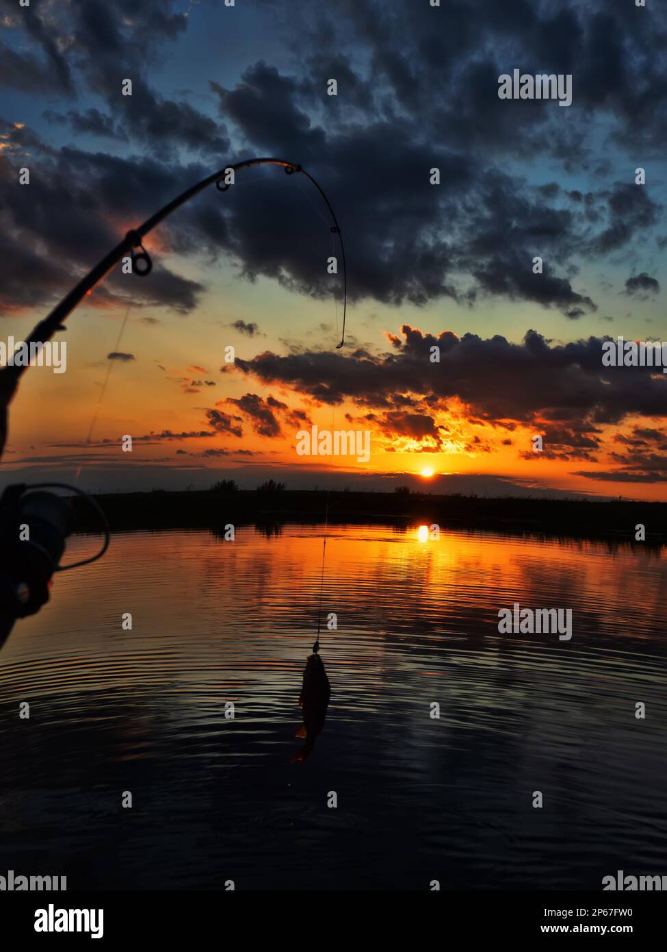 Fishing at sunset. Catching predatory fish on spinning. Sunset colors ...