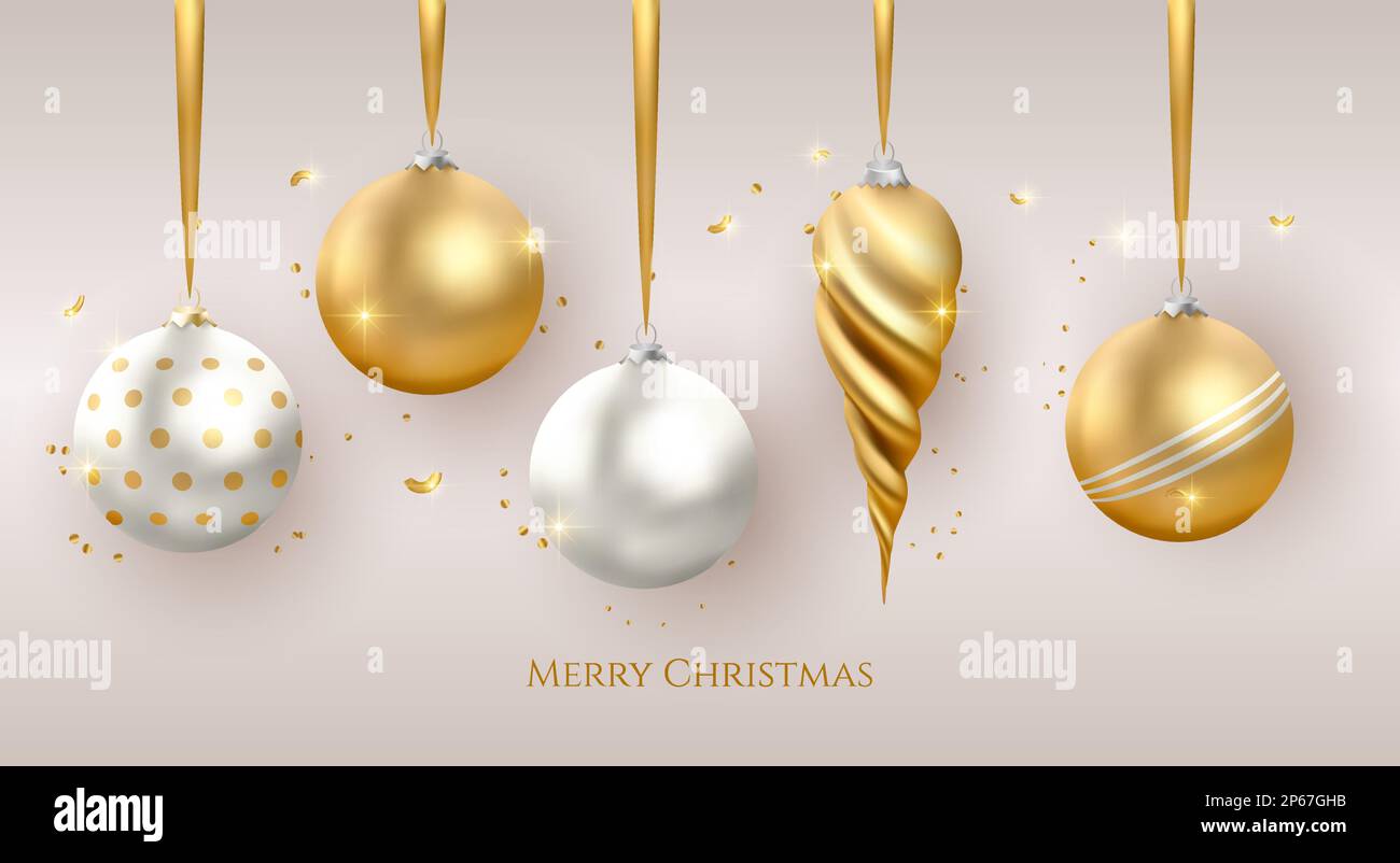 3d realistic Christmas gold ball and bauble decorations. Vector ...