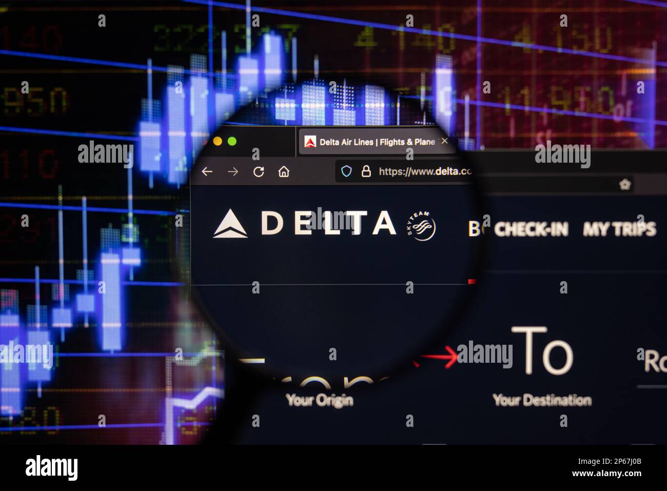 Delta airlines company logo on a website with blurry stock market ...
