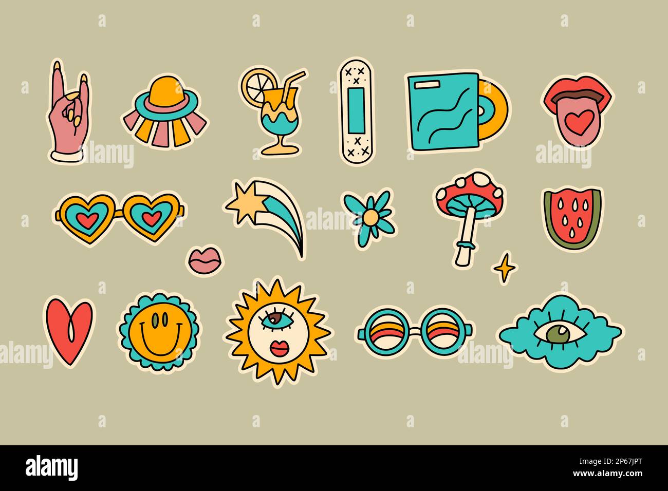 Groovy icon sticker vector set with glasses sun flower cloud and star ...