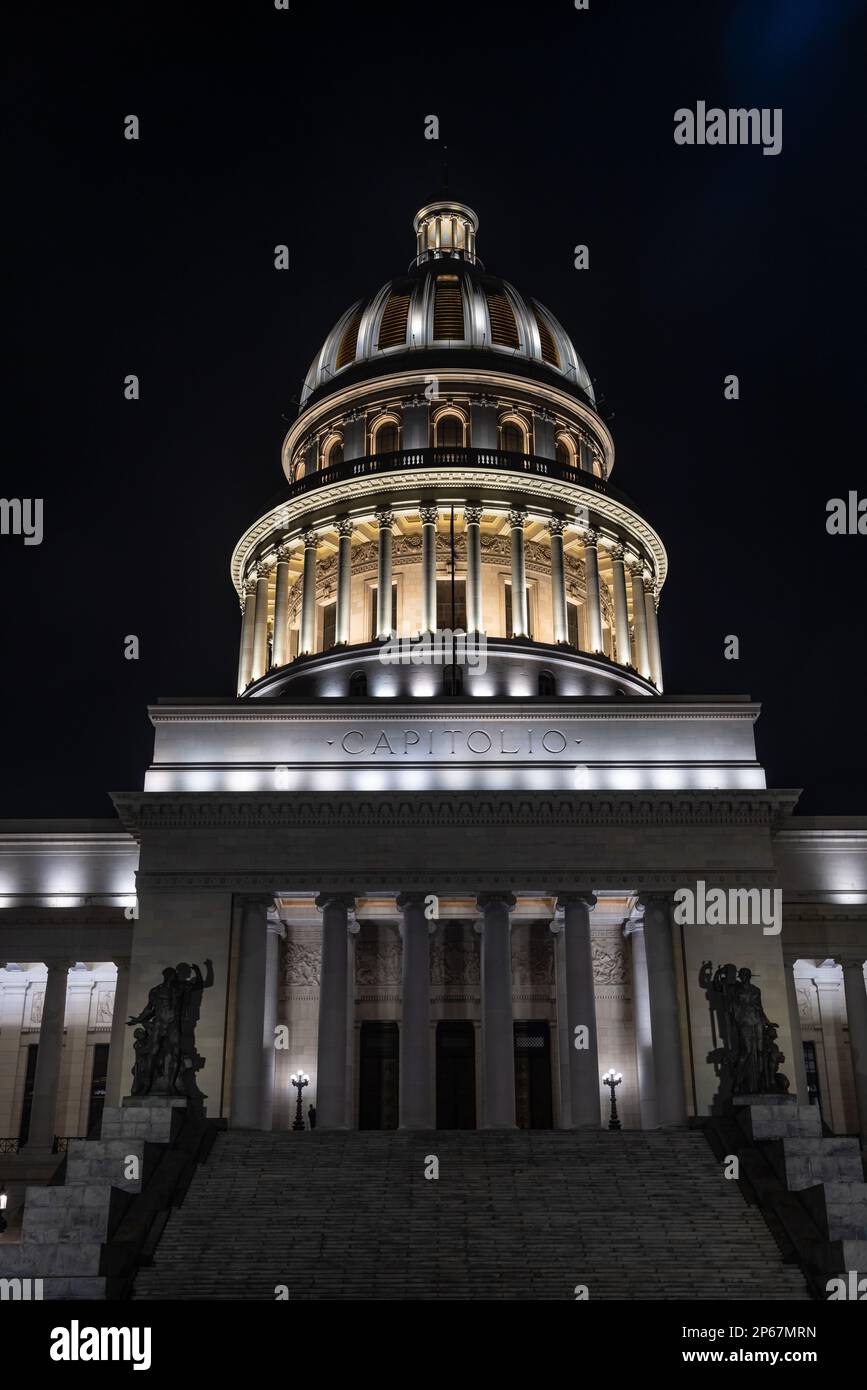El Capitolio floodlit at night, former Congress building built in 1920s ...