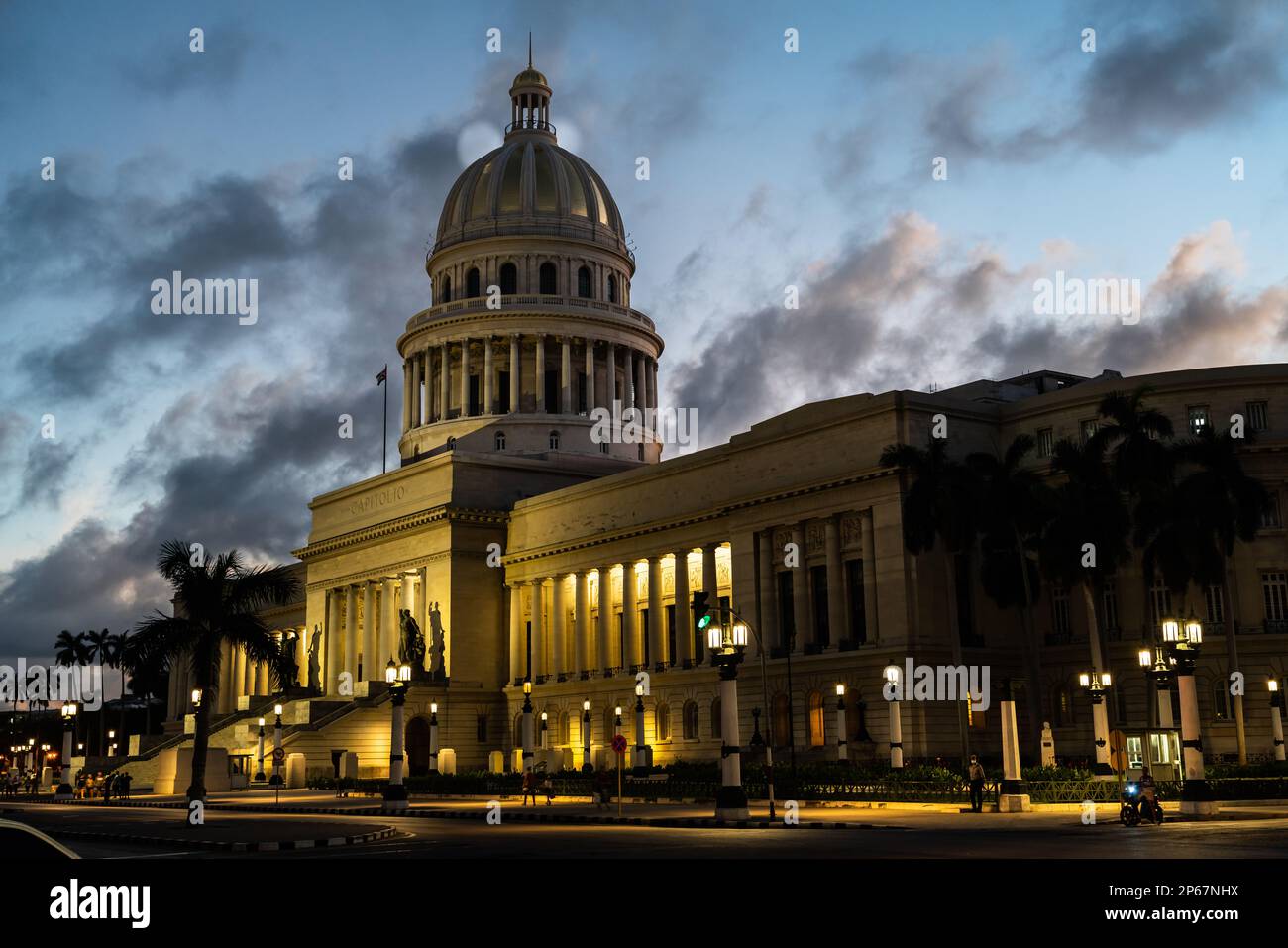 El Capitolio floodlit at night, former Congress building built in 1920s ...