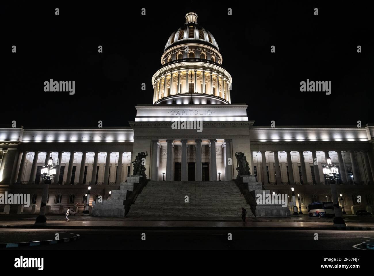 El Capitolio floodlit at night, former Congress building built in 1920s ...