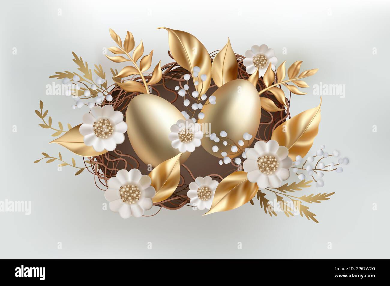 3d Easter gold eggs in a nest, realistic vector egg illustration with ...