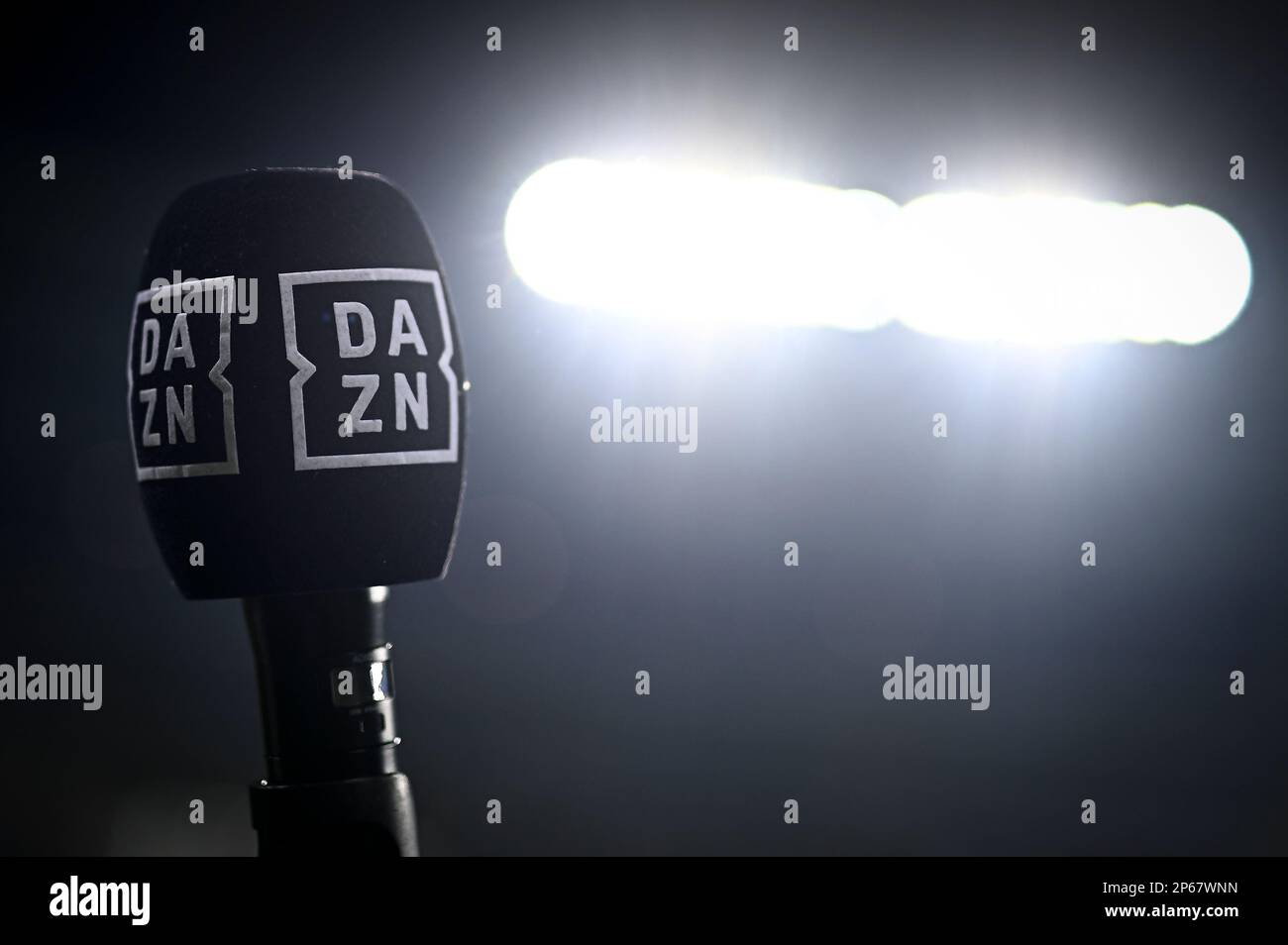 Turin, Italy. 06 March 2023. A microphone bearing the logo of DAZN is ...