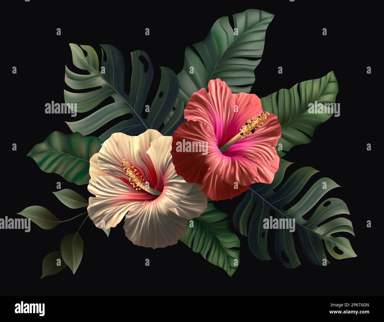 3d hibiscus summer flower and tropical leaves on a black background ...