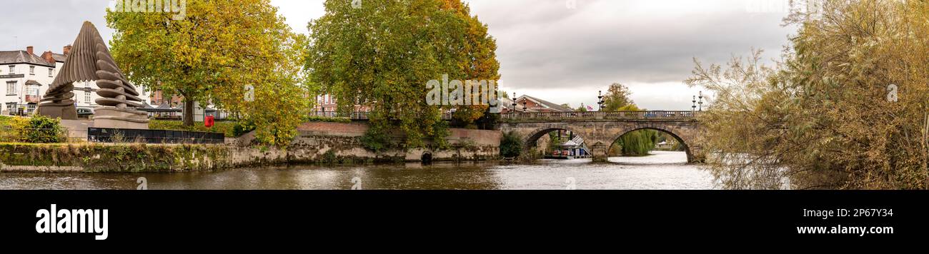 Welsh bridge and darwin evolution sculpture panorama river severn ...