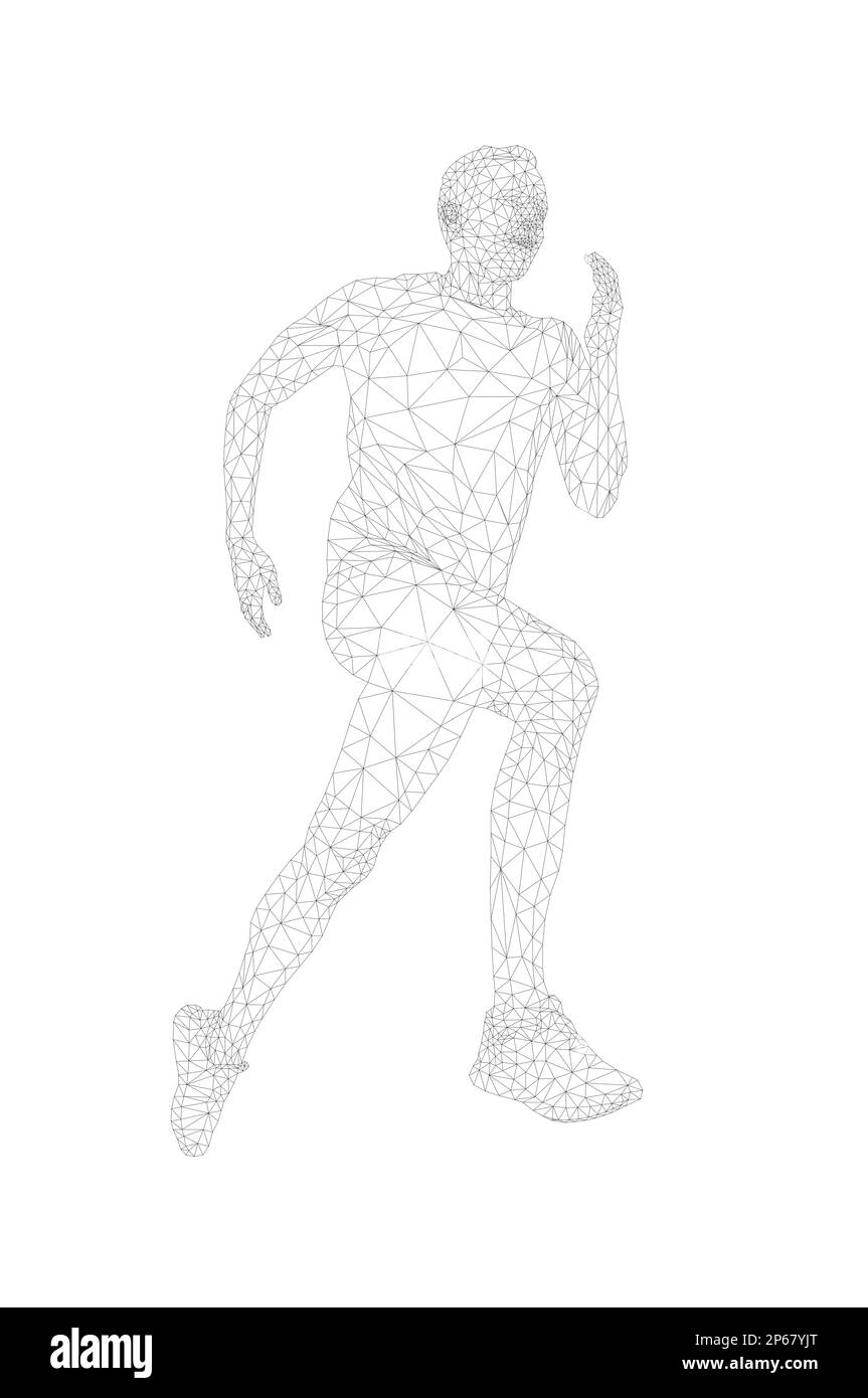 polygon wireframe illustration man runner athlete running on white ...