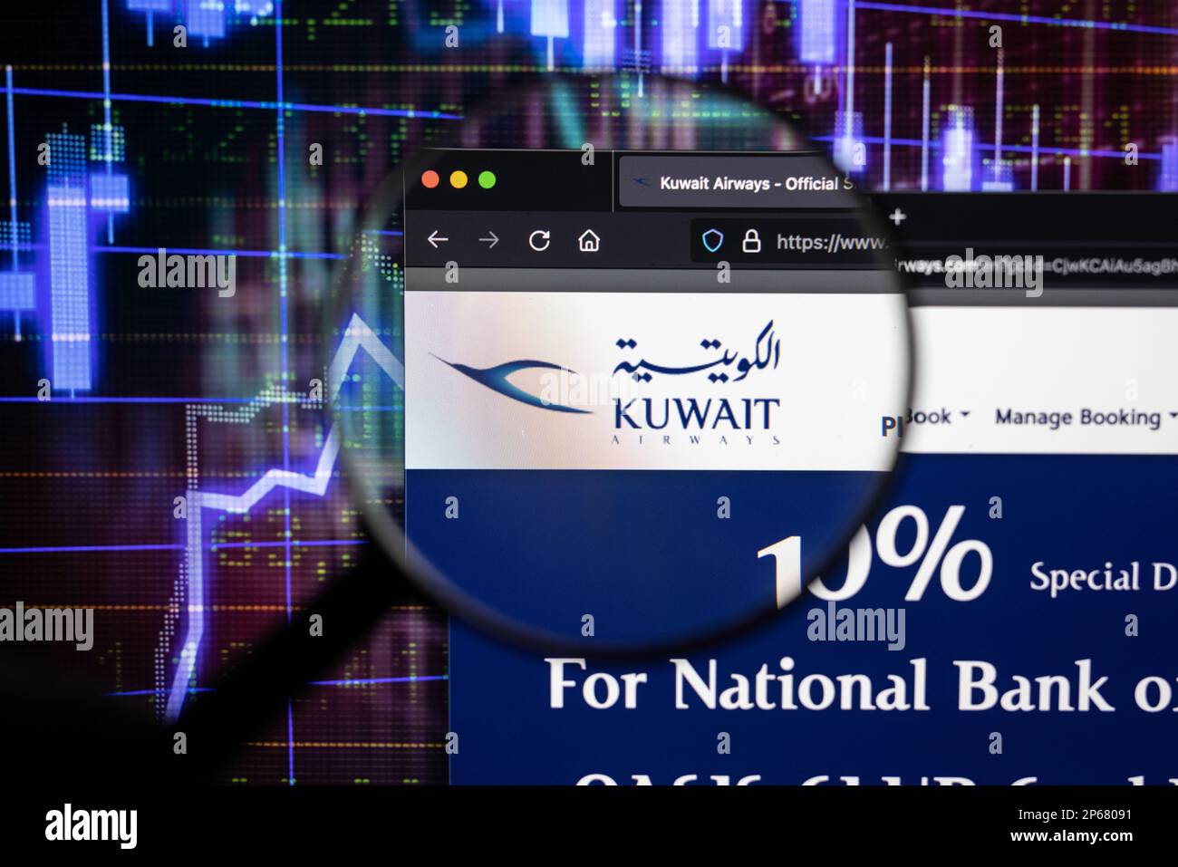 Kuwait airlines company logo on a website with blurry stock market developments in the ...