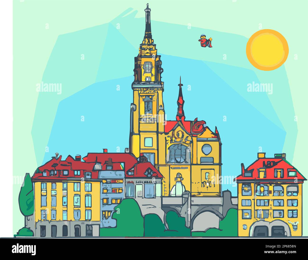 Bern, Switzerland Art Skyline. Handmade vector art illustration Stock ...