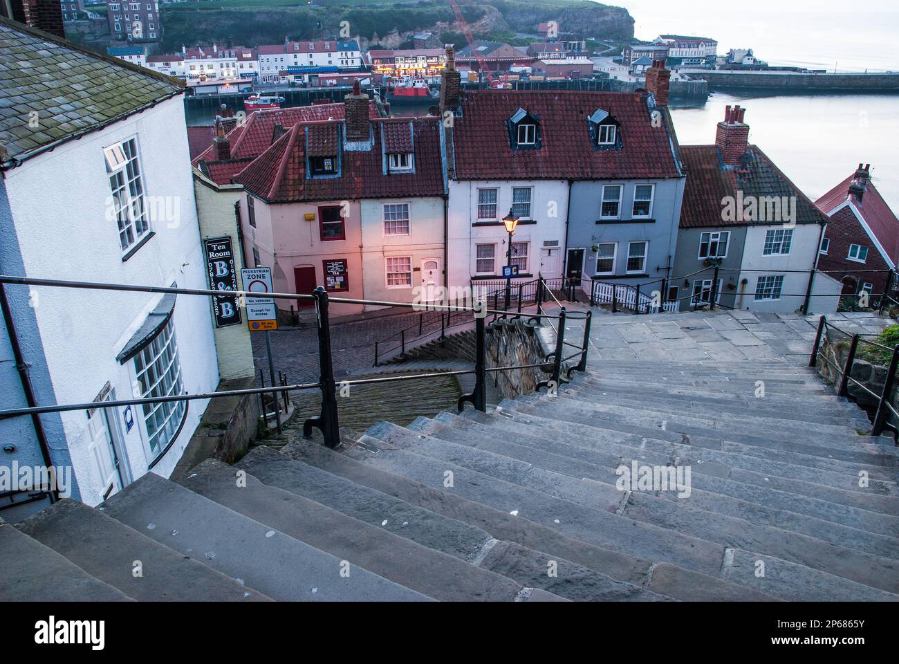 Daylight beginning to fade at the abbey steps in Whitby, Yorkshire, UK ...