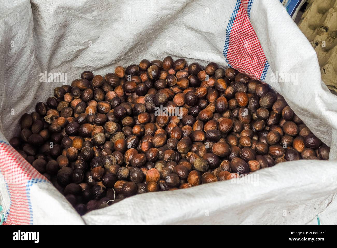 Nutmeg in sack at the market, an aromatic spice and major crop, Ulu ...