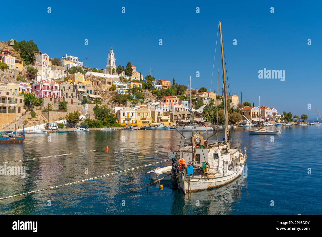 View of The Annunciation Church overlooking Symi Town, Symi Island ...