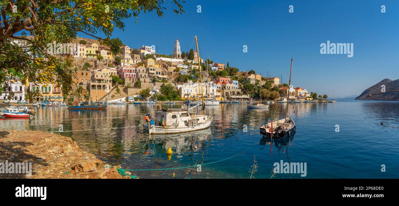 View of The Annunciation Church overlooking Symi Town, Symi Island ...
