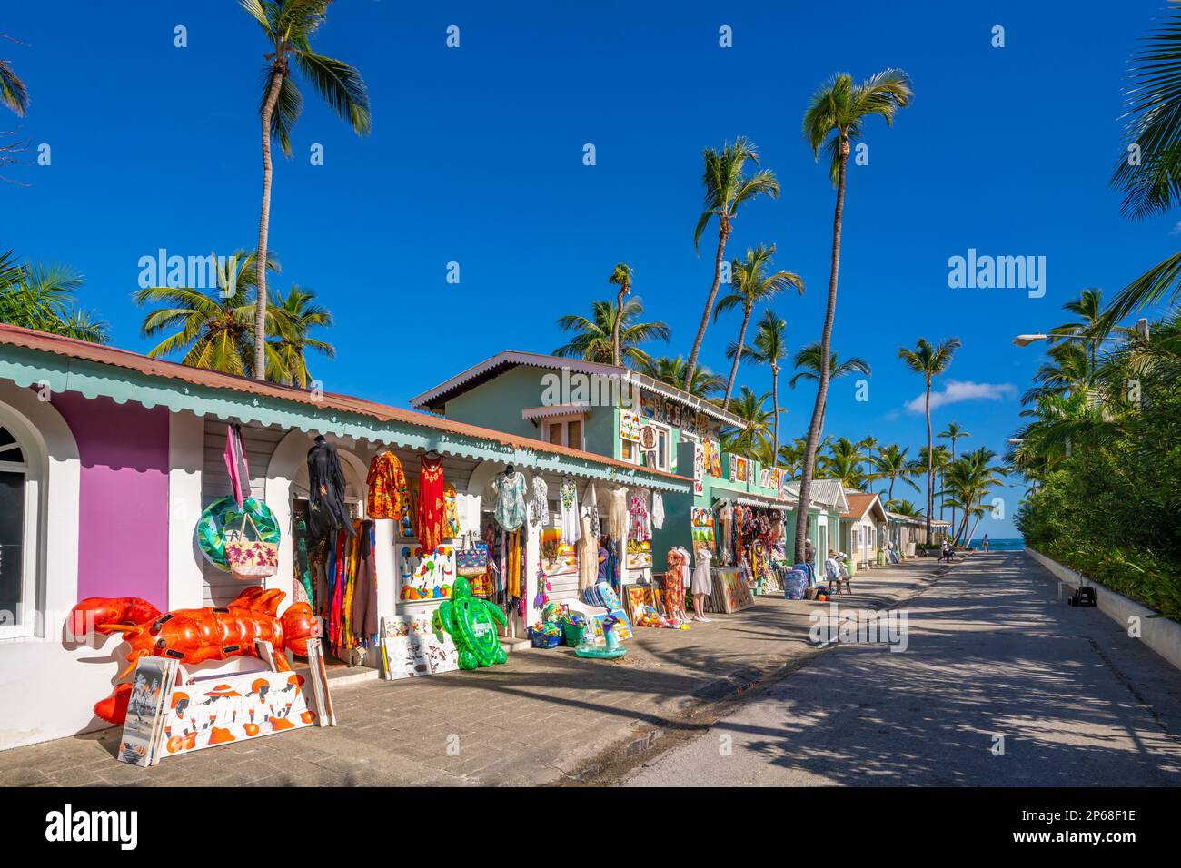 View of colourful shops on Bavaro Beach, Punta Cana, Dominican Republic ...