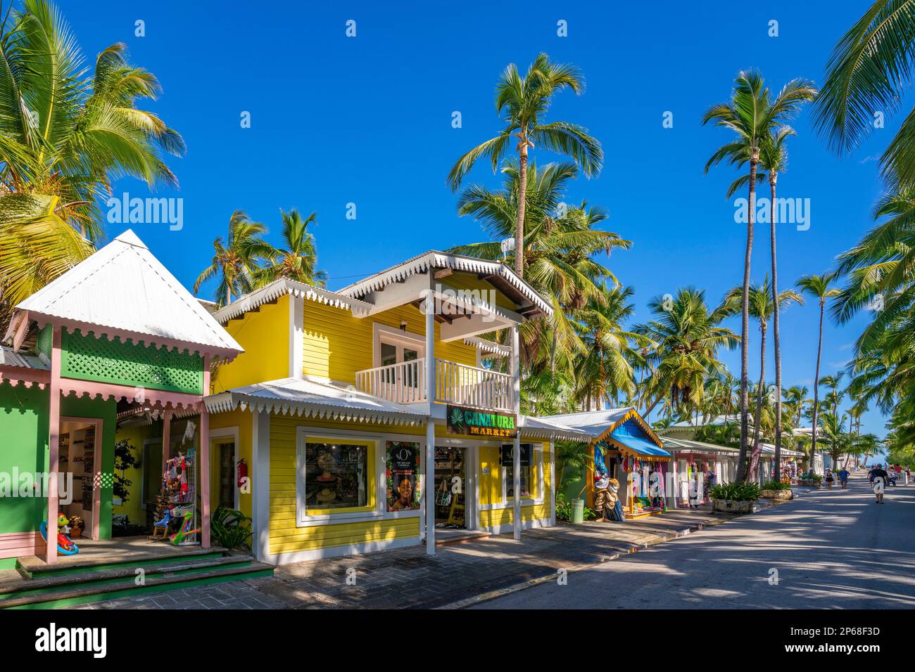 View of colourful shops on Bavaro Beach, Punta Cana, Dominican Republic ...