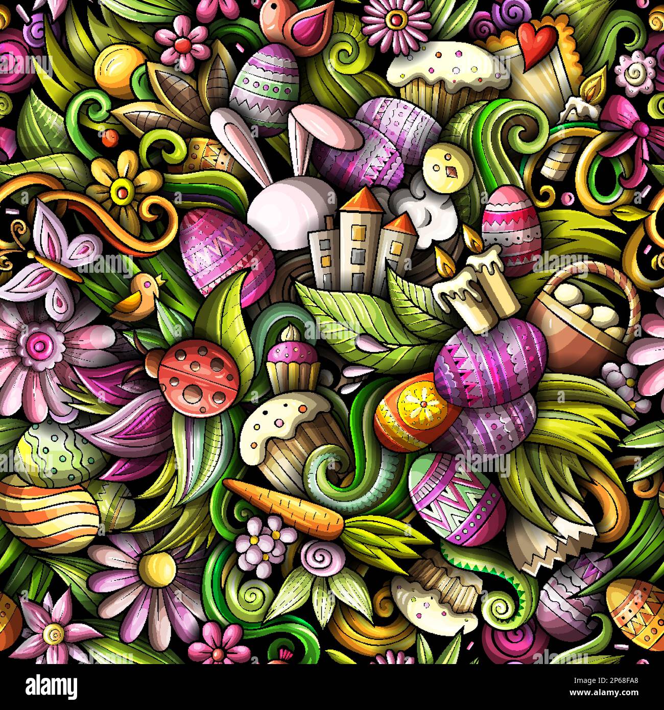 Cartoon cute doodles hand drawn Happy Easter seamless pattern. Colorful detailed, with lots of ...
