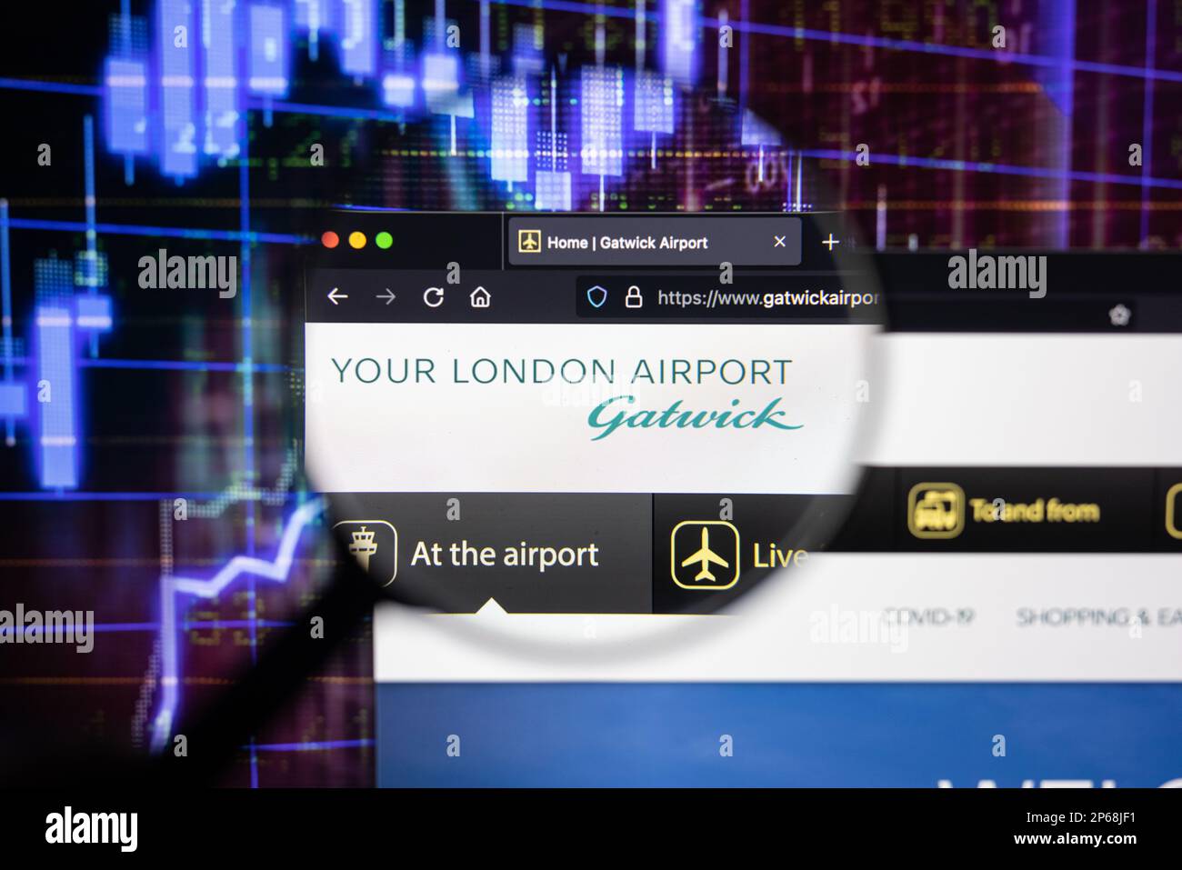 Gatwick London airport company logo on a website with blurry stock ...
