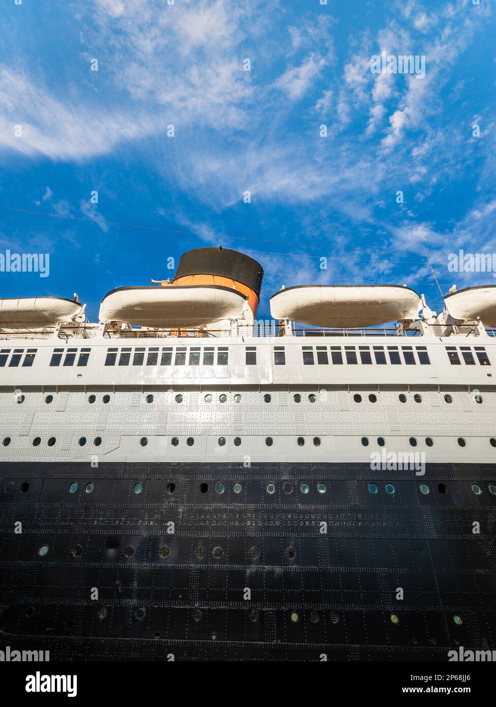 Close-up of Queen Mary (Hull Number 534) port side upper decks and four ...