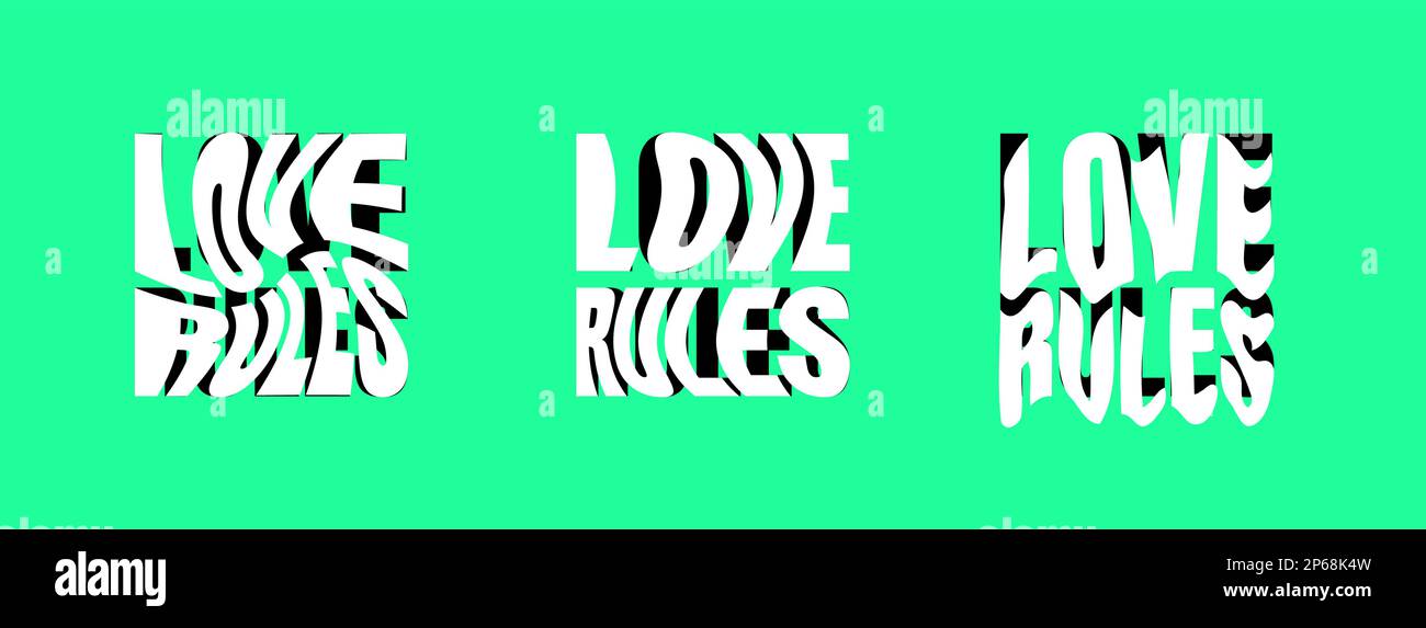 Love rules psychedelic lettering logo set. Hippie crazy style sticker ...