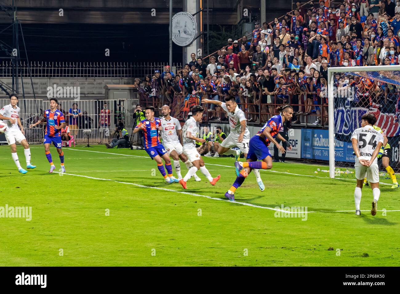 Goalmouth action at Thai football match, PAT Stadium, Bangkok, Thailand ...